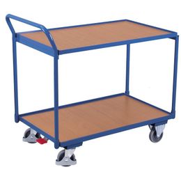 VARIOfit Tischwagen 250 kg mit 2 Ladefl&auml;chen hoher Schiebeb&uuml;gel Typ L + EasySTOP - Enzianblau