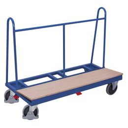 VARIOfit Plattenwagen mit Holzladefl&auml;che Seitenb&uuml;gelh&ouml;he 915 mm - Enzianblau