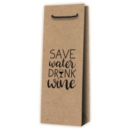 10 x Tragetasche aus Kraftpapier "Save Water Drink Wine" Natur f&uuml;r 1 Flasche 125 x 85 x 360 mm