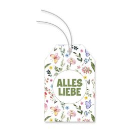 12 x Geschenkanh&auml;nger mit Band "Blumen - alles Liebe" 80 x 52 mm
