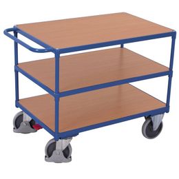 VARIOfit Schwerer Tischwagen 500 kg mit 3 Ladefl&auml;chen Typ L + EasySTOP - Enzianblau