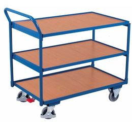 VARIOfit Tischwagen 250 kg mit 3 Ladefl&auml;chen hoher Schiebeb&uuml;gel Typ L + EasySTOP - Enzianblau