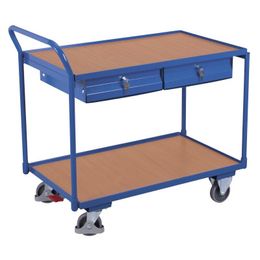 VARIOfit Tischwagen 250 kg mit 2 abschlie&szlig;baren Schubladen hoher Schiebeb&uuml;gel + EasySTOP - Enzianblau