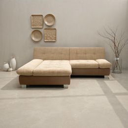 Ecksofa DOMO collection "100031 kompakte Stellma&szlig;e, komfortabel und bequem, L-Form", braun (beige, braun), B:234cm H:80cm T:157cm, 90% Polyester, 10% Acryl, Sofas, Ecksofa, wahlweise mit Bettfunktion und Armteilverstellung. Breite 234 cm