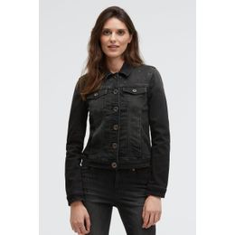 Jeansjacke SOCCX, Damen, Gr. S, schwarz (schwarz washed metal), Material: 63% Baumwolle, 25% Polyester, 10% Viskose, 2% Elasthan, used, slim fit kurz, eingesetzt 1-Knopf-Manschette, Jacken Jeansjacke, mit Schmuckelemente