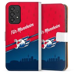 DeinDesign Galaxy A33 5G Handy Klapph&uuml;lle Handyh&uuml;lle aus Kunst Leder wei&szlig; Flip Case Adler Mannheim Sports Logo Sideflip mit Lasche