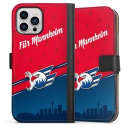 DeinDesign iPhone 13 Pro Max Handy Klapph&uuml;lle Handyh&uuml;lle aus Kunst Leder schwarz Flip Case Sports Adler Mannheim Logo Sideflip mit langer Lasche
