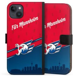DeinDesign iPhone 14 Plus Handy Klapph&uuml;lle Handyh&uuml;lle aus Kunst Leder schwarz Flip Case Sports Adler Mannheim Logo Sideflip mit langer Lasche