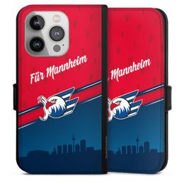 DeinDesign iPhone 14 Pro Handy Klapph&uuml;lle Handyh&uuml;lle aus Kunst Leder schwarz Flip Case Sports Adler Mannheim Logo Sideflip mit langer Lasche