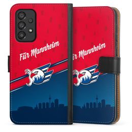 DeinDesign Galaxy A33 5G Handy Klapph&uuml;lle Handyh&uuml;lle aus Kunst Leder schwarz Flip Case Adler Mannheim Sports Logo Sideflip mit langer Lasche