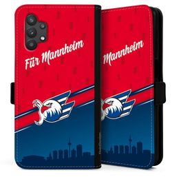 DeinDesign Galaxy A32 5G Handy Klapph&uuml;lle Handyh&uuml;lle aus Kunst Leder schwarz Flip Case Adler Mannheim Sports Logo Sideflip mit langer Lasche