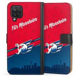 DeinDesign Galaxy A12 Handy Klapph&uuml;lle Handyh&uuml;lle aus Kunst Leder schwarz Flip Case Adler Mannheim Sports Logo Sideflip mit langer Lasche