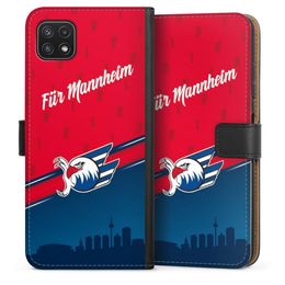 DeinDesign Galaxy A22 5G Handy Klapph&uuml;lle Handyh&uuml;lle aus Kunst Leder schwarz Flip Case Adler Mannheim Sports Logo Sideflip mit langer Lasche