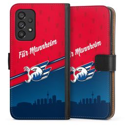 DeinDesign Galaxy A53 5G Handy Klapph&uuml;lle Handyh&uuml;lle aus Kunst Leder schwarz Flip Case Adler Mannheim Sports Logo Sideflip mit langer Lasche