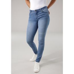 Tamaris Damen Skinny-fit-Jeans schmale Beinweite, mit G&uuml;rtelschlaufenbund, mit Metallrei&szlig;verschluss blau 40, N-Gr