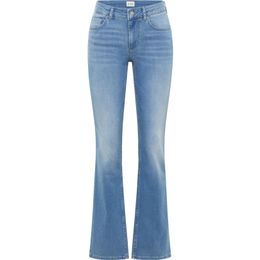 Slim-fit-Jeans Mustang "SHELBY", Damen, Gr. 28, L&auml;nge 34, blau (medium mid), Denim/Jeans, Obermaterial: 78% Baumwolle, 10% Lyocell, 9% Elastomultiester, 3% Elasthan, unifarben, slim fit kn&ouml;chellang, Jeans Slim-fit-Jeans, im Five-Pocket Style