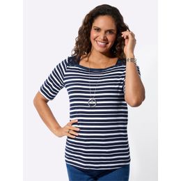 WITT Damen Shirt-Set mit dekorativem Ausschnitt, marine + marine-wei&szlig;-geringelt, Gr&ouml;&szlig;e 40