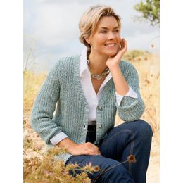 WITT Damen Strickjacke mit elastischen Ripp-B&uuml;ndchen, lindgr&uuml;n-bleu-meliert, Gr&ouml;&szlig;e 36