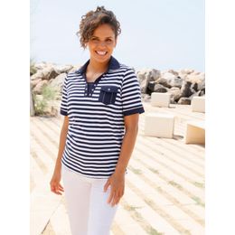 WITT Damen Poloshirt mit &Ouml;sen-Verzierung, marine-wei&szlig;-geringelt, Gr&ouml;&szlig;e 54