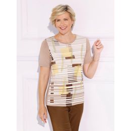 WITT Damen Rundhalsshirt mit Glitzersteinchen, sesam-ecru-bedruckt, Gr&ouml;&szlig;e 40