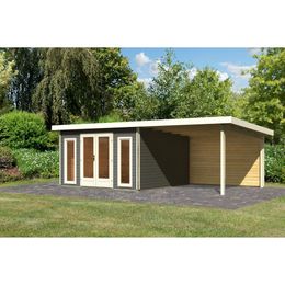 Karibu Premium-Gartenhaus-Set 'Borsuma 3' terragrau mit Anbaudach und R&uuml;ckwand 724 x 393 x 229,5 cm
