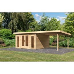Karibu Premium-Gartenhaus-Set 'Borsuma 3' natur mit Anbaudach 724 x 393 x 229,5 cm