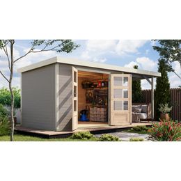 Karibu Gartenhaus-Set 'Komet 4 D' Fichtenholz wassergrau / wei&szlig; mit Anbaudach 2,35 m breit 514,5 x 209 x 213,5 cm