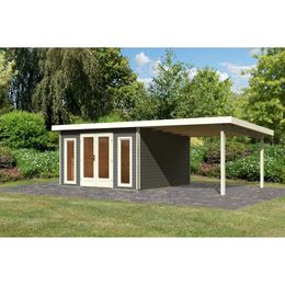 Karibu Premium-Gartenhaus-Set 'Borsuma 3' terragrau mit Anbaudach 724 x 393 x 229,5 cm