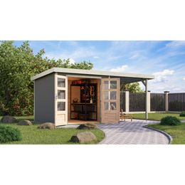 Karibu Gartenhaus-Set 'Komet 3,5 D' Fichtenholz wassergrau / wei&szlig; mit Anbaudach 2,35 m breit 454,5 x 209 x 242,5 cm