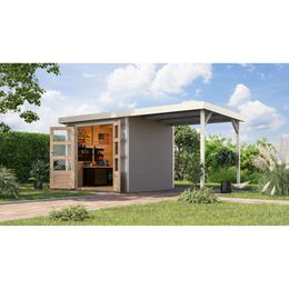 Karibu Gartenhaus-Set 'Komet 3 D' Fichtenholz wassergrau / wei&szlig; mit Anbaudach 2,35 m breit 454,5 x 209 x 213,5 cm