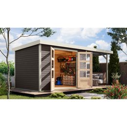Karibu Gartenhaus-Set 'Komet 4 B' Fichtenholz terragrau / wei&szlig; mit Anbaudach 2,35 m breit 514,5 x 209 x 213,5 cm