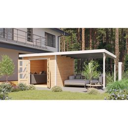 Karibu Gartenhaus-Set 'Meteor A' naturbelassen/wei&szlig; mit Anbaudach 595,5 x 218,5 x 292,4 cm