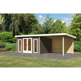 Karibu Premium-Gartenhaus-Set 'Borsuma 2' terragrau mit Anbaudach und R&uuml;ckwand 724 x 331,5 x 229,5 cm