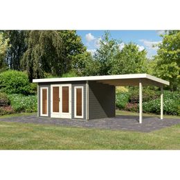 Karibu Premium-Gartenhaus-Set 'Borsuma 2' terragrau mit Anbaudach 724 x 331,5 x 229,5 cm