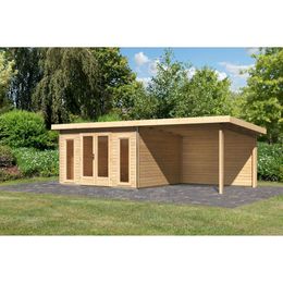 Karibu Premium-Gartenhaus-Set 'Borsuma 2' natur mit Anbaudach und R&uuml;ckwand 724 x 331,5 x 229,5 cm
