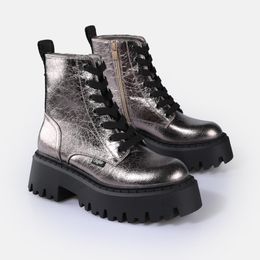 Buffalo Damen Plateaustiefelette "Aspen Lace Up mid", Gr. 40silberfarben, Lederimitat, metallic, Schuhe, Schn&uuml;rboots, Plateauboots, Profilsohle, in