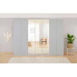 Dreht&uuml;renschrank Rauch "Kleiderschrank Schrank Garderobe Ankleide KOLUNA mit Dekor-Front", grau (seidengrau), B:315cm H:229cm T:54cm, Holzwerkstoff, Schr&auml;nke, Dreht&uuml;renschrank, mit Spiegel, inkl. 2 Innenschubladen sowie extra B&ouml;den