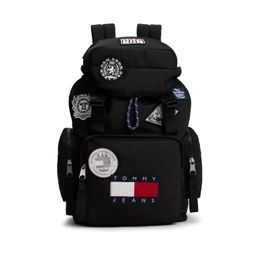 Freizeitrucksack Tommy Jeans "TJM ARCHIVE TREK SOLID BACKPACK", Gr. B/H/T: 30cm x 42cm x 15cm, schwarz, Textil, Rucks&auml;cke Freizeitrucksack, Unisex Rolltop-Rucksack, Travelrucksack, Wanderrucksack mit Patches