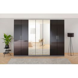 Dreht&uuml;renschrank Rauch "Kleiderschrank Schrank Garderobe KOLUNA Hochglanz-Front und Spiegel", grau (graumetallic, hochglanz effektgrau), B:315cm H:210cm T:54cm, Holzwerkstoff, Schr&auml;nke, Dreht&uuml;renschrank, Hochglanzfront mit Spiegel, inkl. 2 Innenschubladen sowie extra B&ouml;den