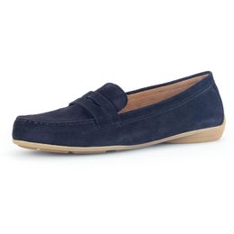 Mokassin Gabor, Damen, Gr. 39, blau (dunkelblau), Ziegenveloursleder, unifarben, Schuhe Mokassin, Slipper, Bequemschuh, Flats mit modischem Zierriegel