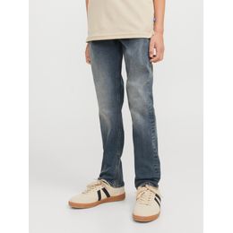 Jack & Jones Regular-fit-Jeans JACK & JONES JUNIOR "JJICLARK JJORIGINAL MF 049 NOOS JNR", Jungen, Gr. 152, N-Gr, blau (blau denim), Denim/Jeans, Obermaterial: 70% Baumwolle, 28% Polyester, 2% Elasthan, Abriebeffekte, regular fit kn&ouml;chellang, Jeans