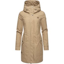 Wintermantel Ragwear "Jannisa", Damen, Gr. M (38), grau (taupe), Au&szlig;enmaterial: 65% Polyester, 35% Baumwolle. Innenfutter: 100% Polyester. Wattierung: 100% Polyester, figurumspielend ca. Mitte Oberschenkel, hoch geschlossener Ausschnitt, &Auml;rmel ohne &Auml;rmelschlitz Rippstrickb&uuml;ndchen mit Druckkn&ouml;pfen,verstellbar, M&auml;ntel Wintermantel, stylischer Damen Winterparka mit Kapuze