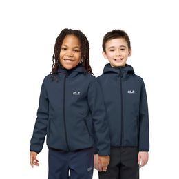 Softshelljacke Jack Wolfskin "FOURWINDS JACKET KIDS", Kinder, Gr. 128, blau (midnight sky), Softshell, Obermaterial: 100% Polyester. Futter: 100% Polyester. Futter 2: 100% Polyester. Innenseite: 100% Polyamid, hoch geschlossener Ausschnitt, eingefasste Kante, Jacken Softshelljacke, mit Kapuze, wasserabweisend, windabweisend, atmungsaktiv