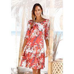 Jerseykleid s.Oliver, Damen, Gr. 34, N-Gr, orange (koralle, bedruckt), Jersey, Obermaterial: 100% Viskose, figurumspielend knielang, Rundhals, Kleider Jerseykleid, mit Blumenprint und Volantrock, 3/4-&Auml;rmel, Sommerkleid, Strandkleid