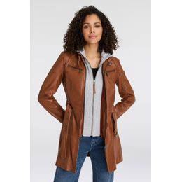 Lederjacke Mauritius "Bente OT 2", Damen, Gr. 4XL (48), braun (cognac), Obermaterial: 100% Schafsleder. Futter: 100% Baumwolle. Kapuze: 55% Baumwolle, 45% Polyester. &Auml;rmelfutter: 100% Polyester, unifarben, figurbetont ca. Mitte Oberschenkel, Rundhals, mit Rei&szlig;verschluss, Jacken, lange Lederjacke mit G&uuml;rtel & abnehmbarem Kapuzen-Inlay