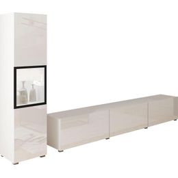 Wohnwand Inosign "BERLIN I, Vitrine T&uuml;rschlag links/rechts wechselbar", wei&szlig; (wei&szlig; matt, wei&szlig; hochglanz), B:220cm H:130cm T:33cm, ABS-Kunststoff, Glas, Hartfaserplatte, Kastenm&ouml;bel-Sets, Wohnwand, moderne grifflose Mediawand Breite 220 cm, Vitrine mit Verglasung