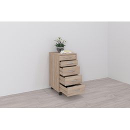 Rollcontainer FMD "Freddy", braun (eichefarben), B:33cm H:63,5cm T:38cm, Holzwerkstoff, Kunststoff, Metall, Rollwagen, Rollcontainer, B&uuml;roaufbwahrung mit 5 Schubk&auml;sten auf Rollen, 63 cm hoch