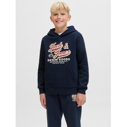 Jack & Jones Kapuzensweatshirt JACK & JONES JUNIOR "JJELOGO SWEAT HOOD 2 COL AW25 NOOS JNR", Jungen, Gr. 140, blau (sky captain), angeraute Sweatware, Obermaterial: 70% Baumwolle, 30% Polyester, bedruckt, regular fit normal, ohne Ausschnitt, Rippb&uuml;ndchen, Sweatshirts