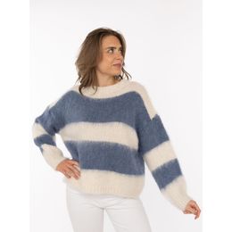 Strickpullover Zwillingsherz ""Streifen"", Damen, jeans, sanftes wei&szlig;, Strick, Obermaterial: 65% Polyacryl, 17% Polyamid, 9% Wolle, 9% Viskose, colorblocking, mehrfarbig, bequem taillenbedeckt, Rundhals, Rippstrickb&uuml;ndchen, Pullover Strickpullover, kuschelig mit Rundhalsausschnitt, Blockstreifen und Wollanteil