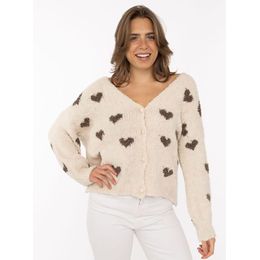 Cardigan Zwillingsherz ""Herzen"", Damen, hellbeige, Strick, Obermaterial: 65% Polyacryl, 17% Polyamid, 9% Wolle, 9% Viskose, mehrfarbig, bequem h&uuml;ftbedeckend, V-Ausschnitt, Rippstrickb&uuml;ndchen, Strickjacken, mit Wollanteil, Herzen und Kn&ouml;pfen